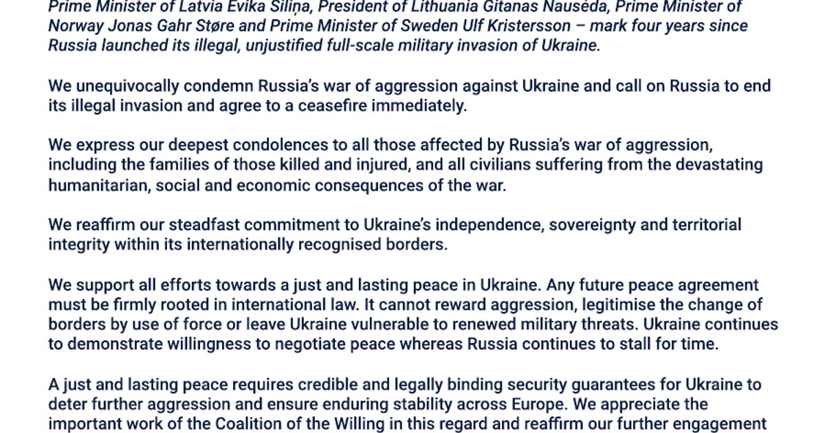 Nordisk-baltisk fællesudtalelse om Ukraine - Statsministeriet