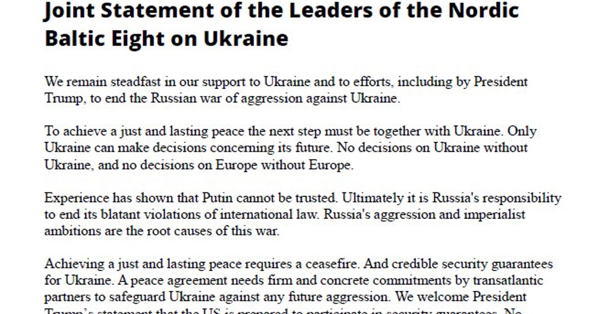 Joint Statement of the Leaders of the Nordic Baltic Eight on Ukraine - Statsministeriet