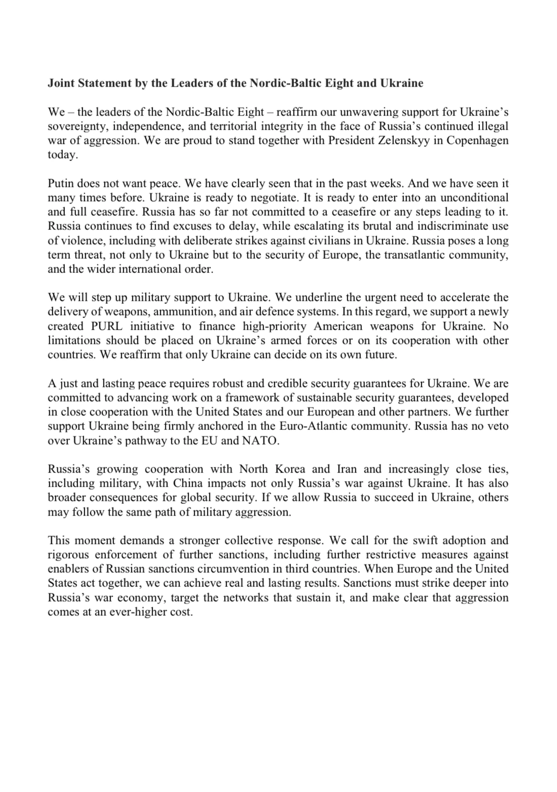 Joint Statement by the Leaders of the Nordic-Baltic Eight and Ukraine ...